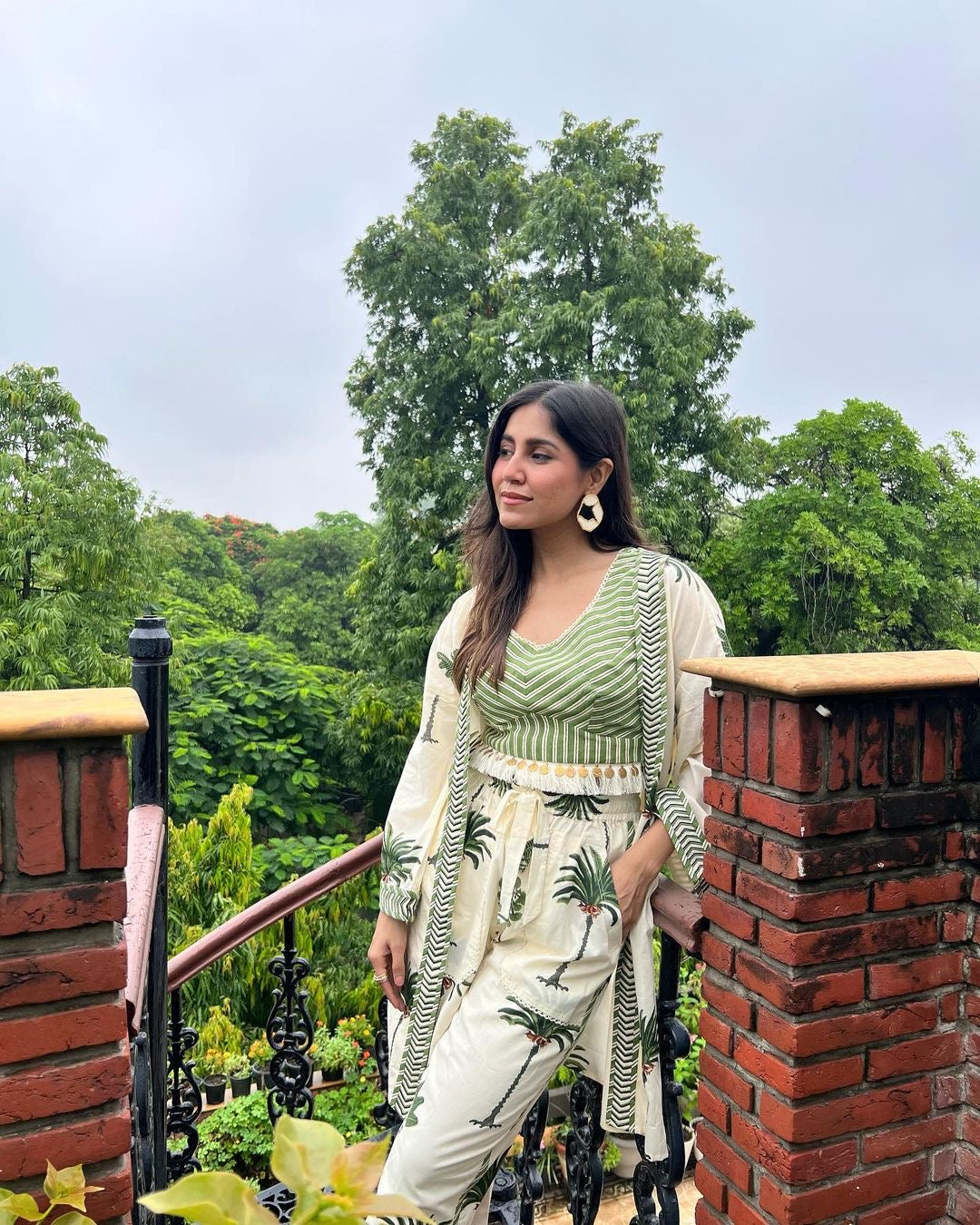 Green Palm Tree Cape with Blouse and Pants- Set of 3 – Tasha India