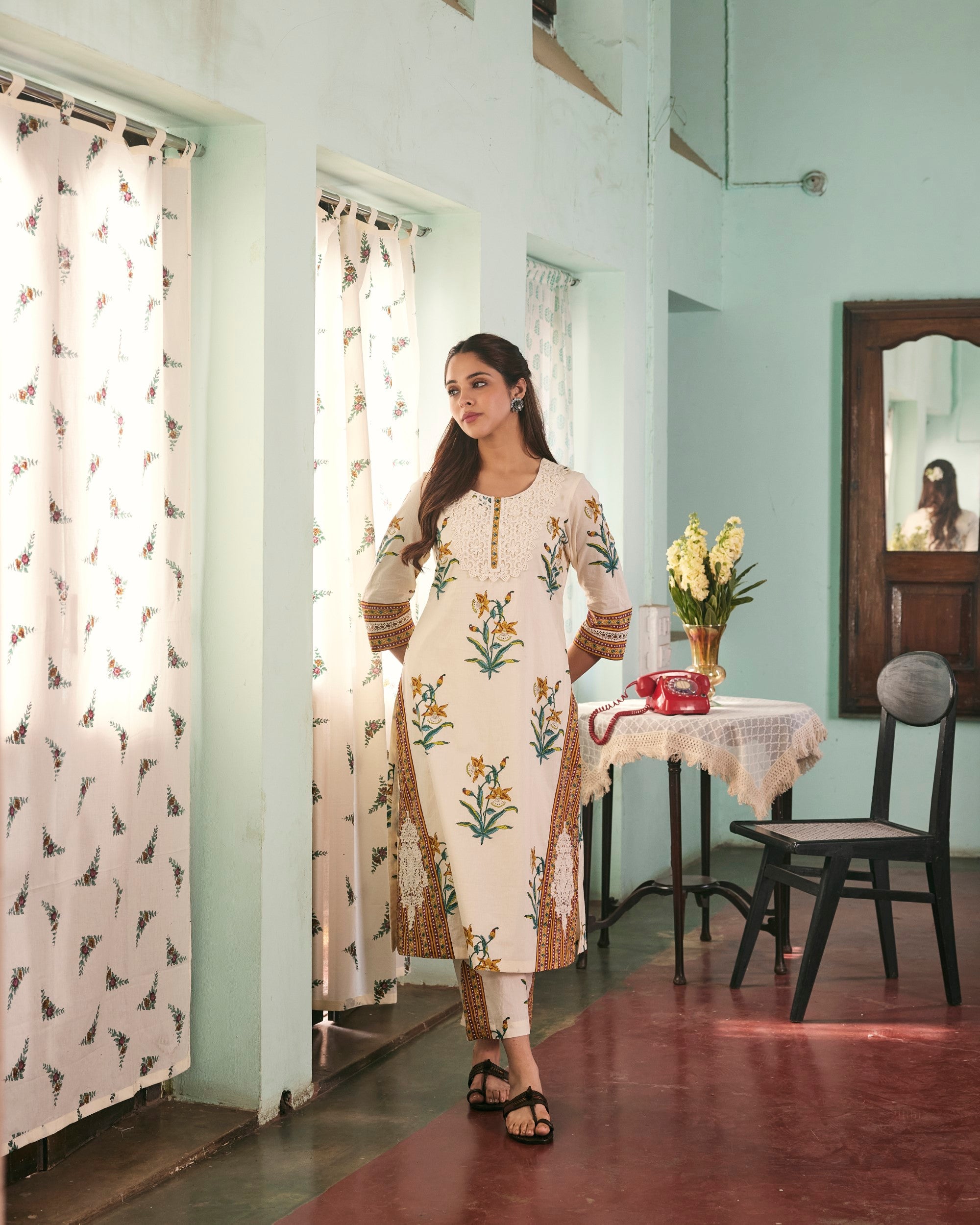 YELLOW MANJARI A-LINE KURTA WITH PANT & DUPATTA - SET OF 3 – Tasha India