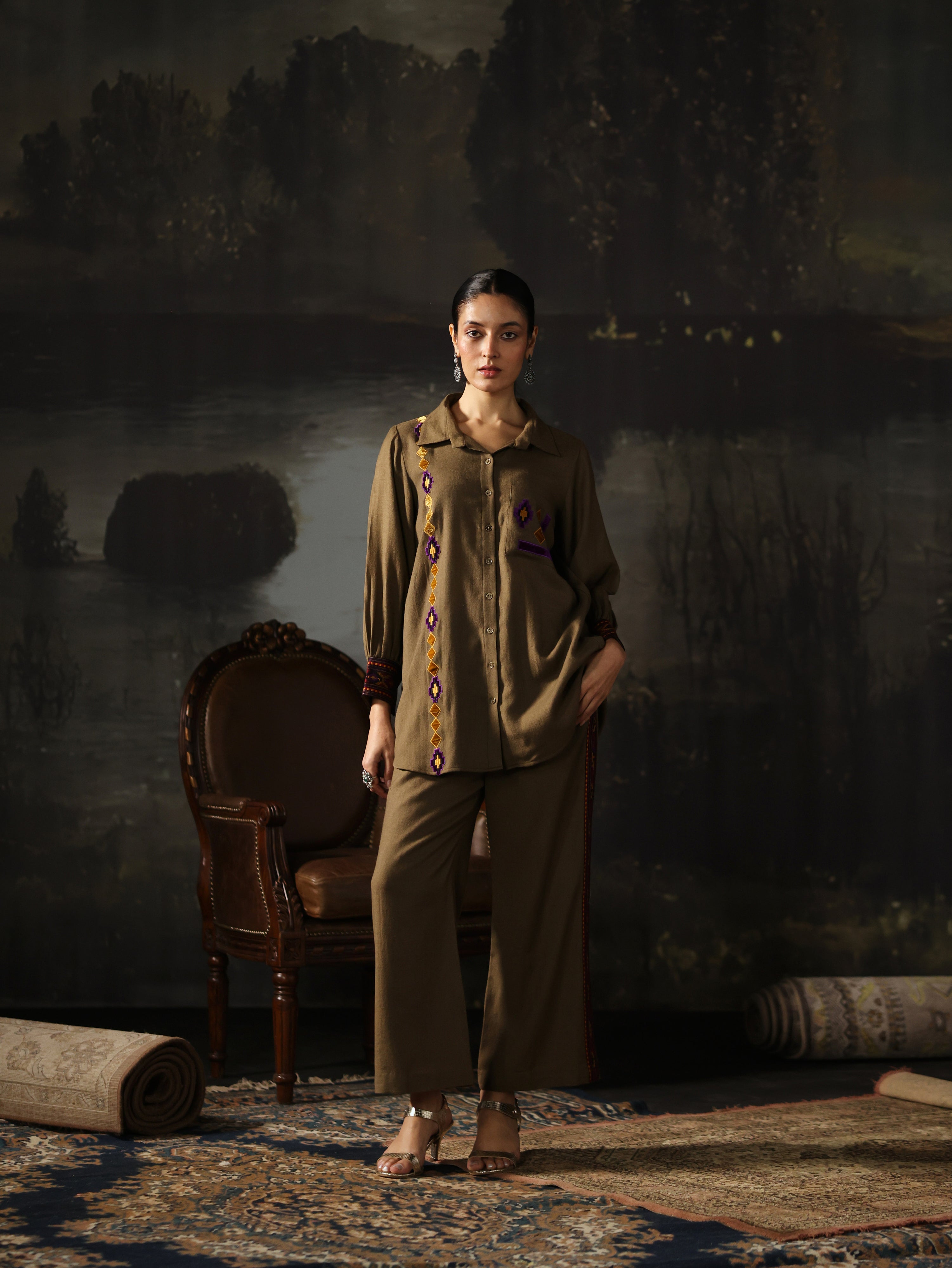 Fawn Collared Pashmina Shirt and Pant Co-ord Set- Set of 2 – Tasha India