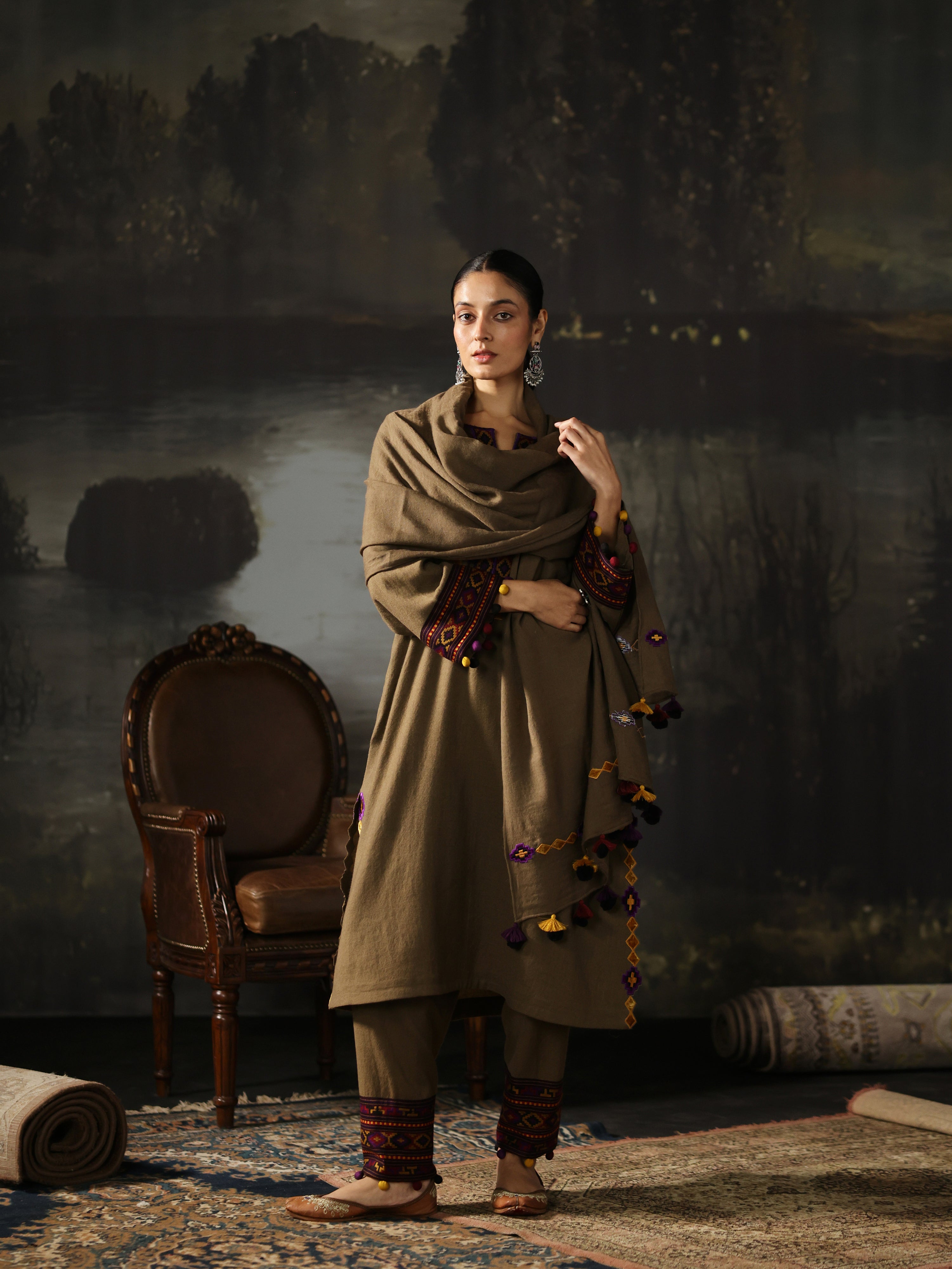 Fawn Pashmina A-line Kurta with Salwar and Shawl- Set of 3 – Tasha India