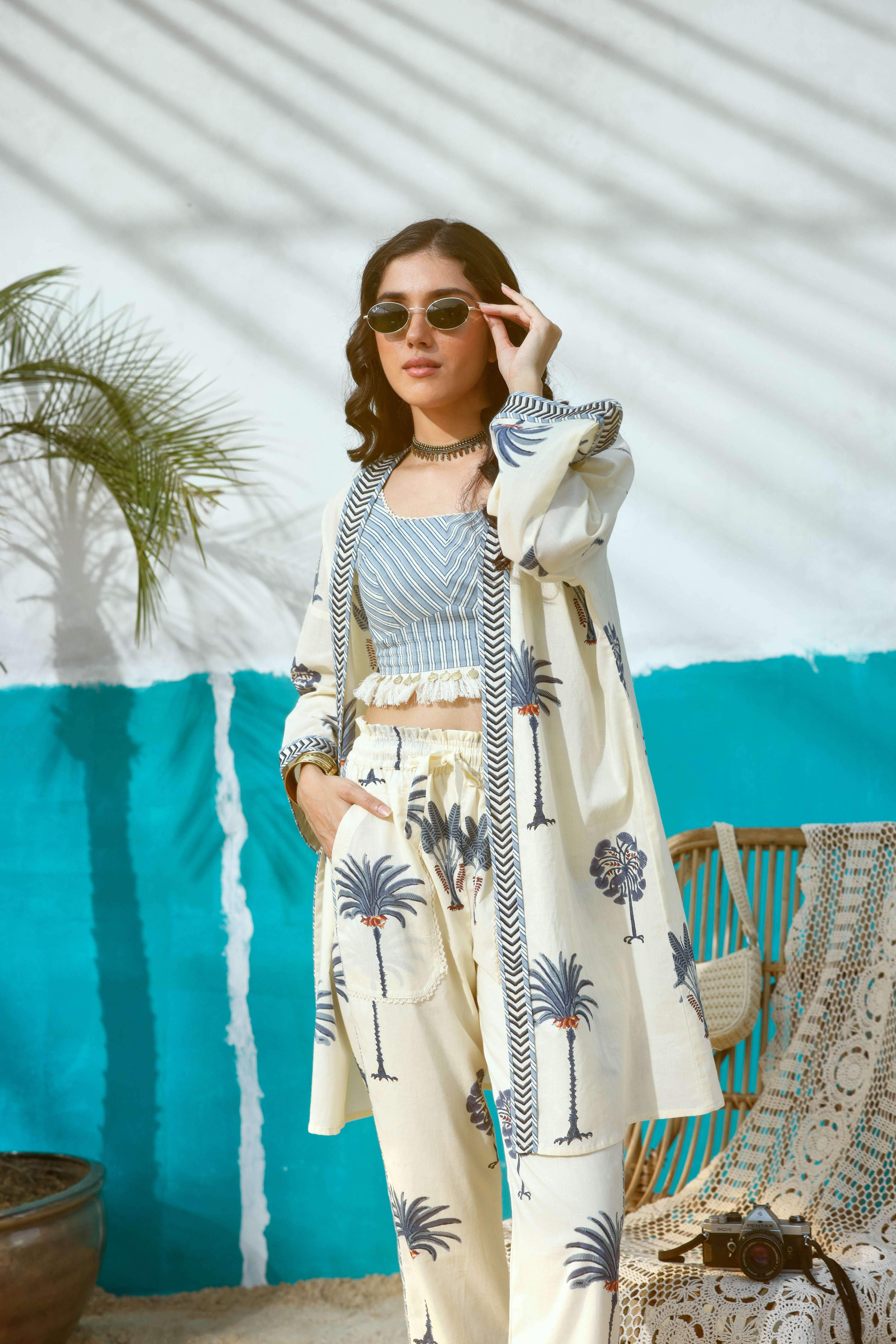 Blue Palm Tree Cape with Blouse and Pants- Set of 3 – Tasha India
