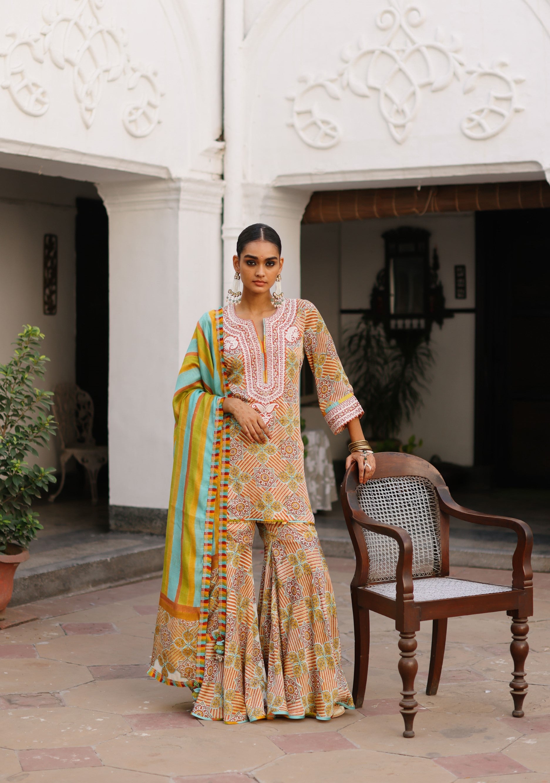 Rangoli Short Kurta With Gharara & Dupatta- Set of 3 – Tasha India