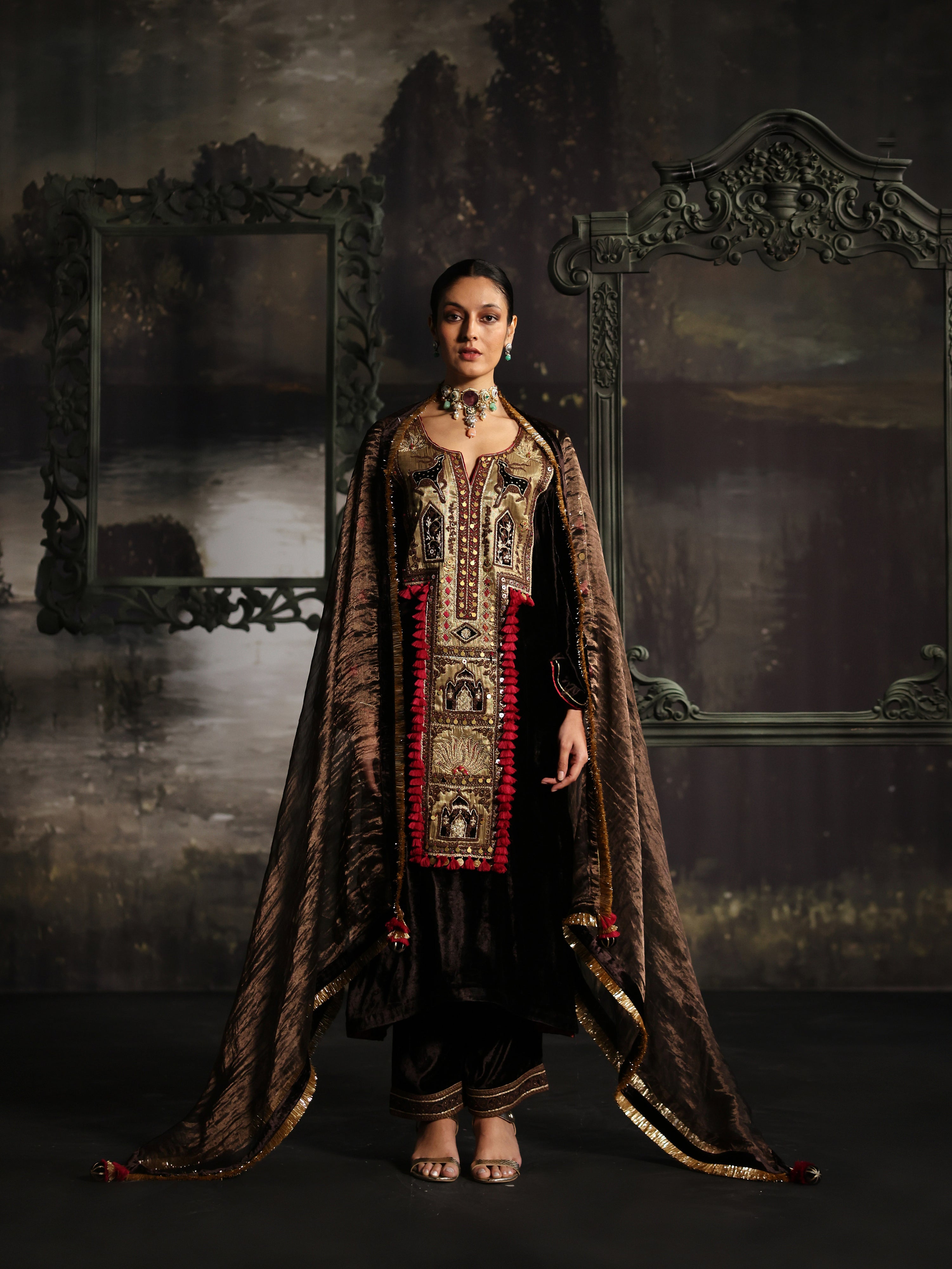 Dark Brown Velvet Long Yoke Asymmetrical Kurta with Pant and Dupatta ...
