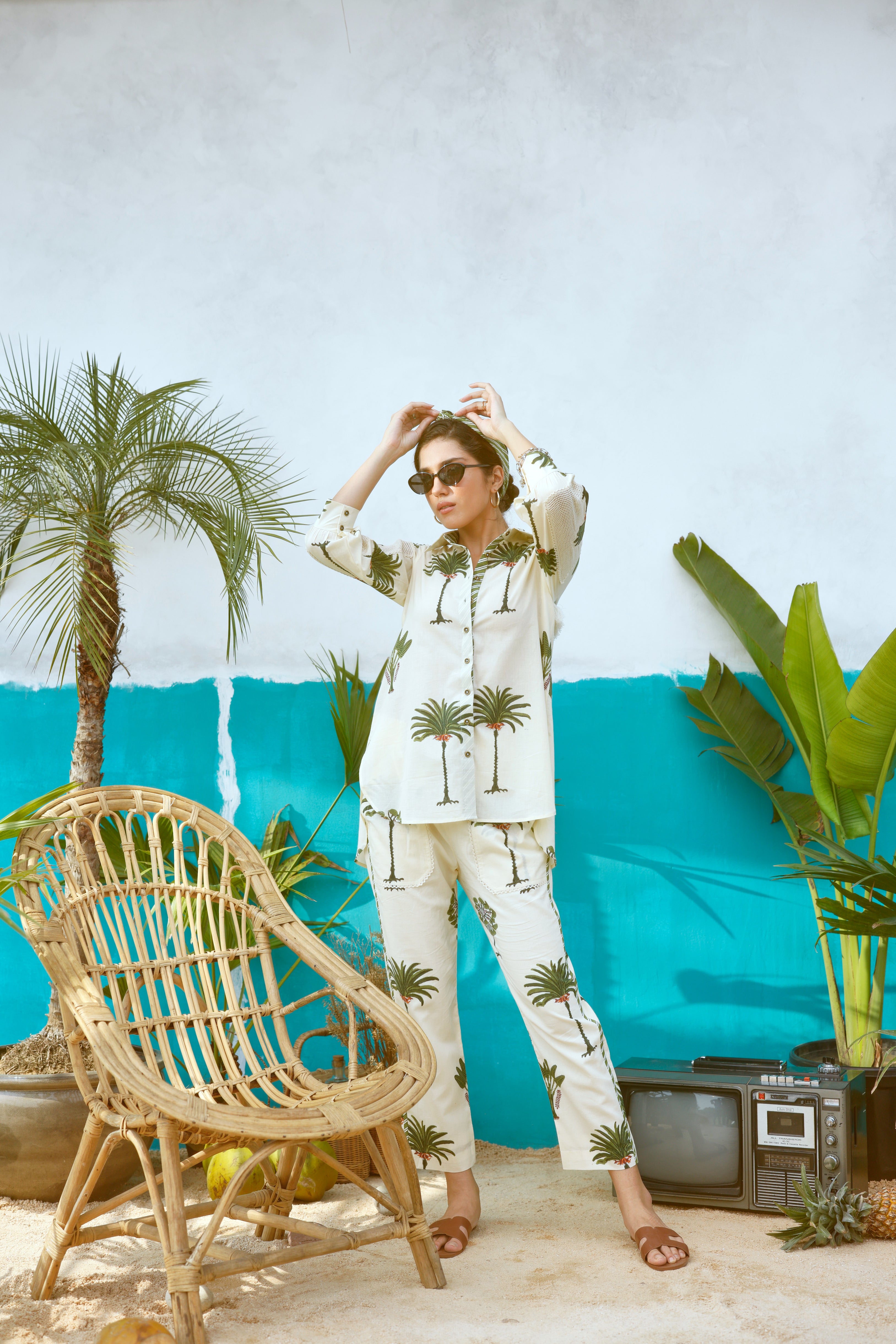 Green Palm Tree Shirt and Pant Co-ord set- Set of 2 – Tasha India