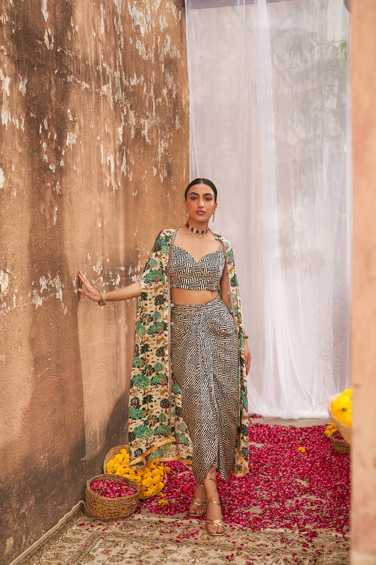 Sherbagh Cropped Blouse with Drape Skirt and Cape Set- Set of 3 – Tasha ...